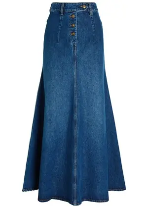 A.W.A.K.E. Mode Cut-out Flared Denim Midi Skirt