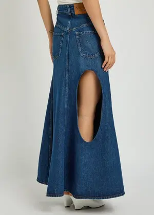 A.W.A.K.E. Mode Cut-out Flared Denim Midi Skirt