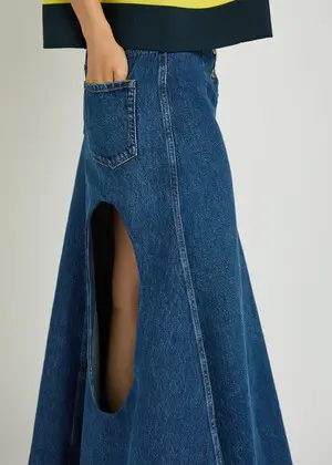 A.W.A.K.E. Mode Cut-out Flared Denim Midi Skirt