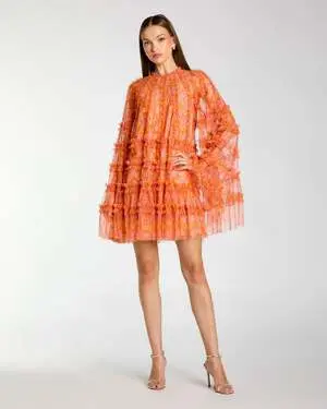 Mac Duggal Floral Ruffle Long Sleeve Mini Dress