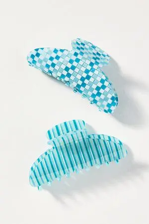 Anthropologie Patterned Hair Claw Clips Set Of 2 - Blue Pattern