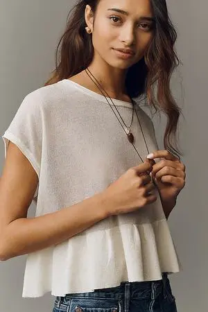 Anthropologie Short-sleeve Crew-neck Ruffle Sweater - Ivory