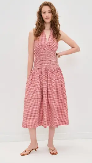 WAYF Margeaux Halter Neck Gingham Check Midi Dress