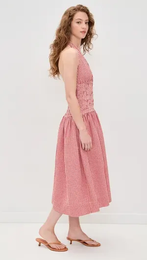 WAYF Margeaux Halter Neck Gingham Check Midi Dress