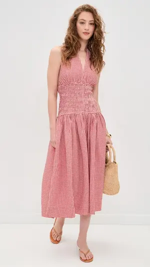 WAYF Margeaux Halter Neck Gingham Check Midi Dress