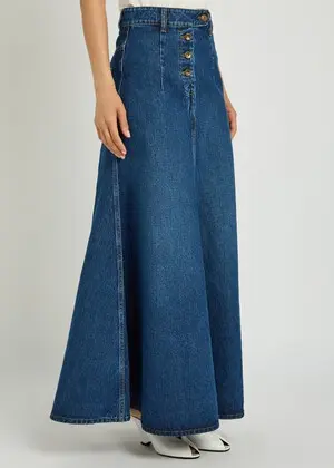 A.W.A.K.E. Mode Cut-out Flared Denim Midi Skirt