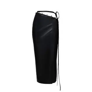 LIKA Midi Faux Leather Skirt With Tie Detailing - Black