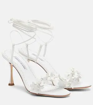 Manolo Blahnik Anista Floral-appliqué Leather Sandals - White