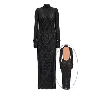 MONOSUIT Lace Turtleneck Open Back Maxi Dress - Black