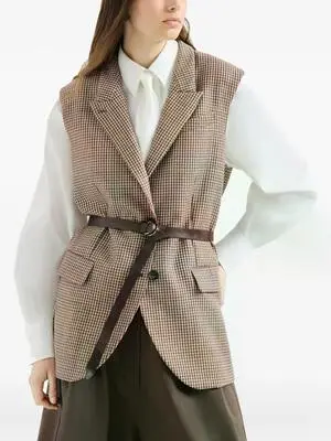 Brunello Cucinelli Sparkling Virgin Wool Houndstooth Vest With Leather Belt And Monili