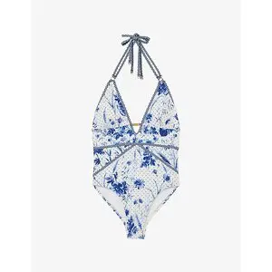 REISS Lucia Halterneck Printed Swimsuit - Blue Ivory