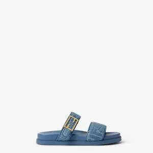 Fendi Ff Baguette Embellished Raffia Slides - Light Blue
