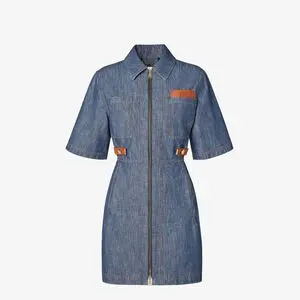 Fendi Cotton Chambray Denim Dress With Leather Embellishments