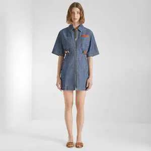 Fendi Cotton Chambray Denim Dress With Leather Embellishments