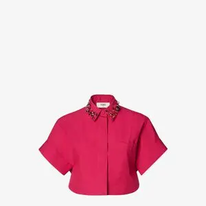 Fendi Cropped Cotton Poplin Shirt With Embellished Collar - Red