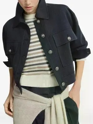 Brunello Cucinelli Virgin Wool Crêpe Cropped Jacket With Monili - Blue