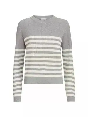 Brunello Cucinelli Striped English Rib Cotton Sweater With Monili - Grey