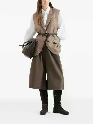 Brunello Cucinelli Sparkling Virgin-wool Houndstooth Vest With Leather Inserts And Monili - Neutrals