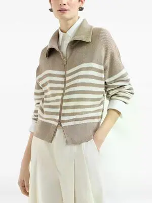 Brunello Cucinelli Cotton Striped English Rib Zipper Cardigan With Monili - Neutrals