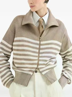 Brunello Cucinelli Cotton Striped English Rib Zipper Cardigan With Monili - Neutrals
