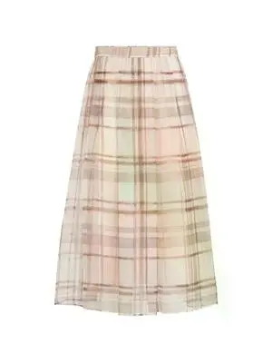 Brunello Cucinelli Silk Organza Macrocheck Pleated Skirt - Neutrals