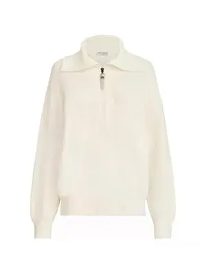 Brunello Cucinelli Cotton English Rib Half-zip Sweater With Monili Embellishment - Neutrals