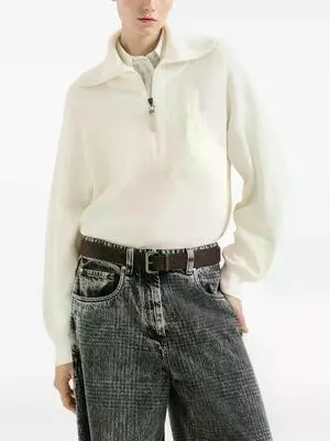 Brunello Cucinelli Cotton English Rib Half-zip Sweater With Monili Embellishment - Neutrals