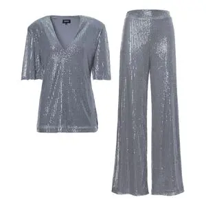 BLUZAT Sequin V-neck Blouse And Wide Leg Trouser Set