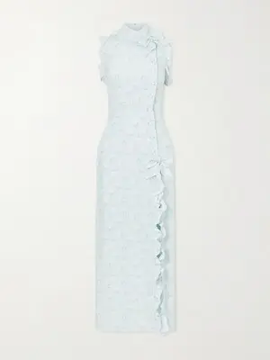 Alessandra Rich Printed Silk High Neck Midi Dress - Blue