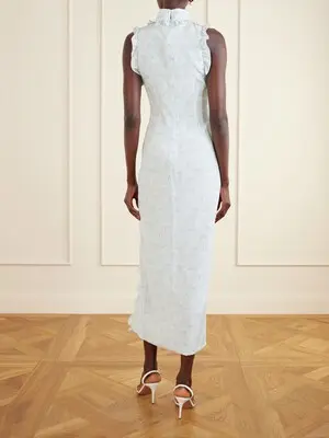 Alessandra Rich Printed Silk High Neck Midi Dress - Blue
