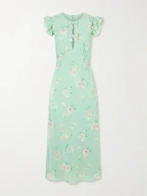 Alessandra Rich Floral-print Silk Midi Dress With Ruffle Trim - Green