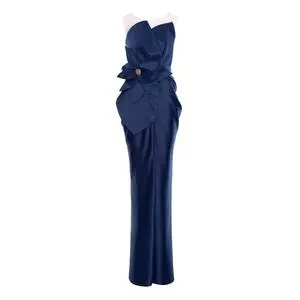 ACOB À PORTER Satin Maxi Dress With Oversized Flower Appliqu - Blue