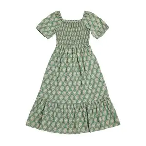 LATELIER LONDON Block Print Smocked Cotton Midi Dress - Green