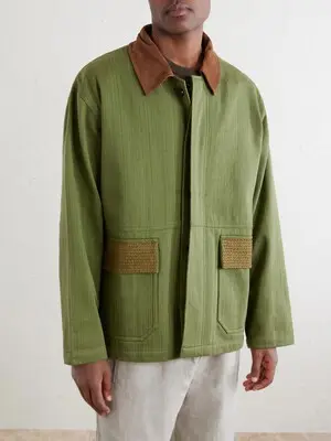 KARTIK RESEARCH Jodhpur Embroidered Suede-trimmed Cotton Jacket - Green