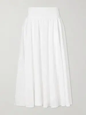 Thierry Colson Pamela Pleated Broderie Anglaise Cotton Midi Skirt - Neutrals