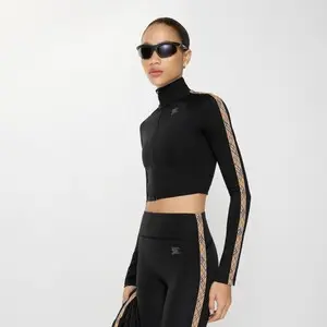 Burberry Stretch Nylon Cropped Track Jacket With Check Taping