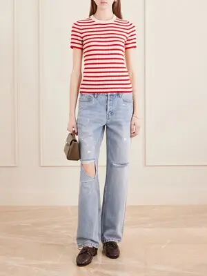 NILI LOTAN Alita Striped Ribbed Cashmere T-shirt