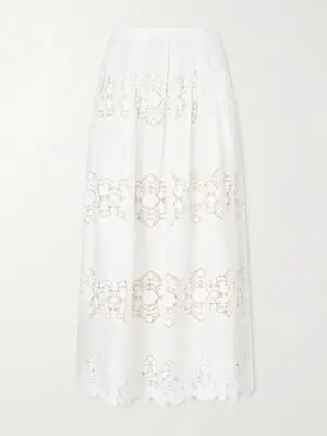 Miguelina Carissa Embroidered Cotton And Linen-blend Midi Skirt - Neutrals