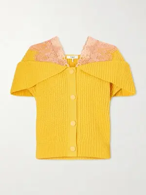 Chloé Ribbed-knit Cotton Cardigan With Lace Trim - Yellow