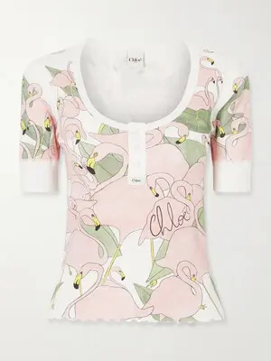 Chloé Printed Ribbed Cotton-jersey T-shirt With Flamingo Motif - Pink