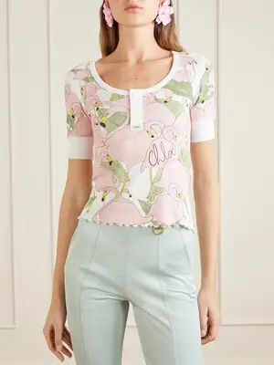 Chloé Printed Ribbed Cotton-jersey T-shirt With Flamingo Motif - Pink