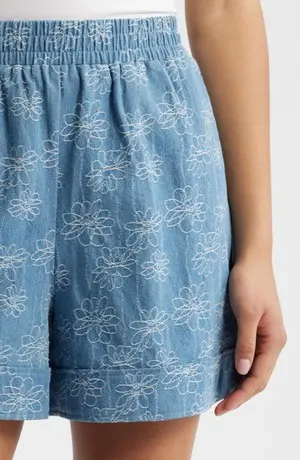 ICHI Floral Embroidered Denim Shorts