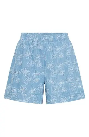 ICHI Floral Embroidered Denim Shorts