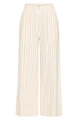 ICHI Wide Leg Striped Linen Blend Trousers