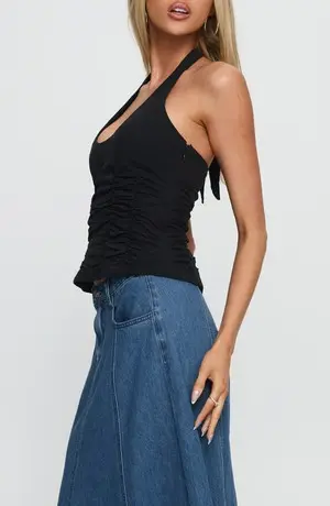 Princess Polly Nataliya Recycled Cotton Ruched Halter Top - Black