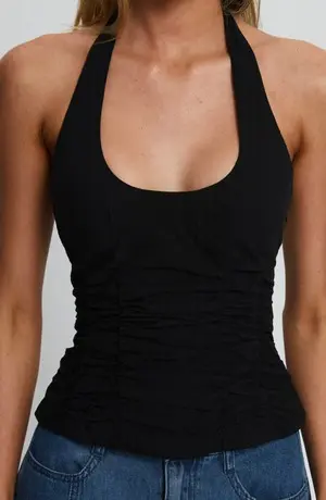 Princess Polly Nataliya Recycled Cotton Ruched Halter Top - Black