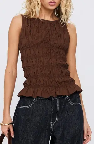 Princess Polly Marleene Smocked Tank Boatneck, 100% Cotton - Chocolate