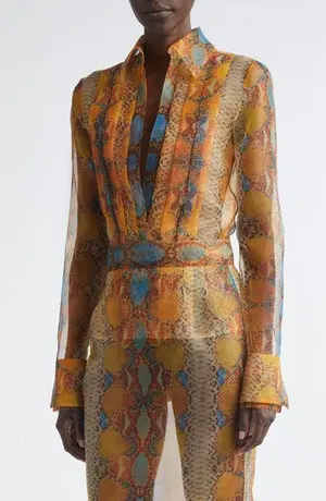 LAQUAN SMITH Shimmer Skin Print Pleated Double Cuff Button-up Shirt