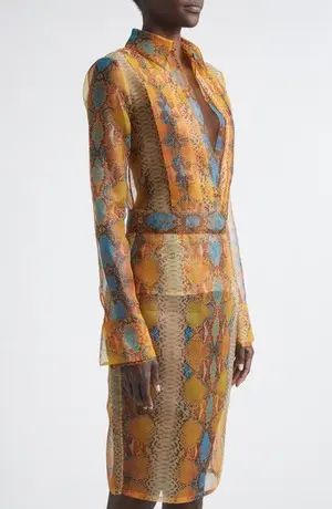 LAQUAN SMITH Shimmer Skin Print Pleated Double Cuff Button-up Shirt