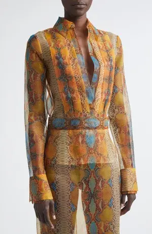 LAQUAN SMITH Shimmer Skin Print Pleated Double Cuff Button-up Shirt